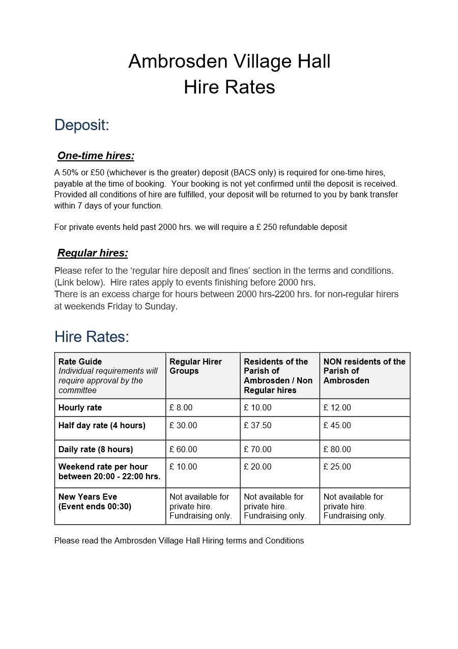 Hire Rates - Ambrosden Village Hall